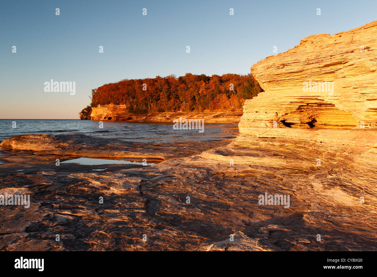 Sunset Lit Sandstone at the Pictured Rocks National Lakeshore, Michigan ...