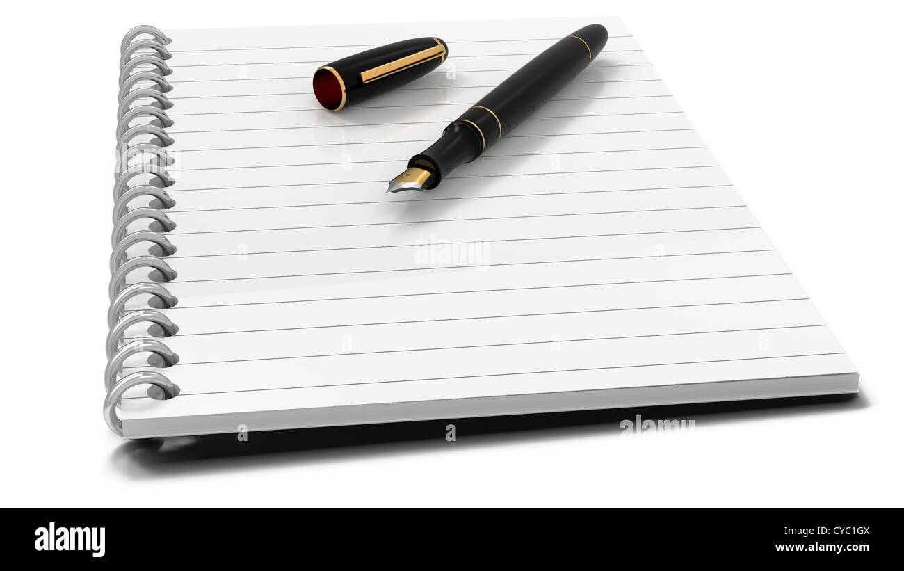Fountain pen and note book on white background Stock Photo - Alamy