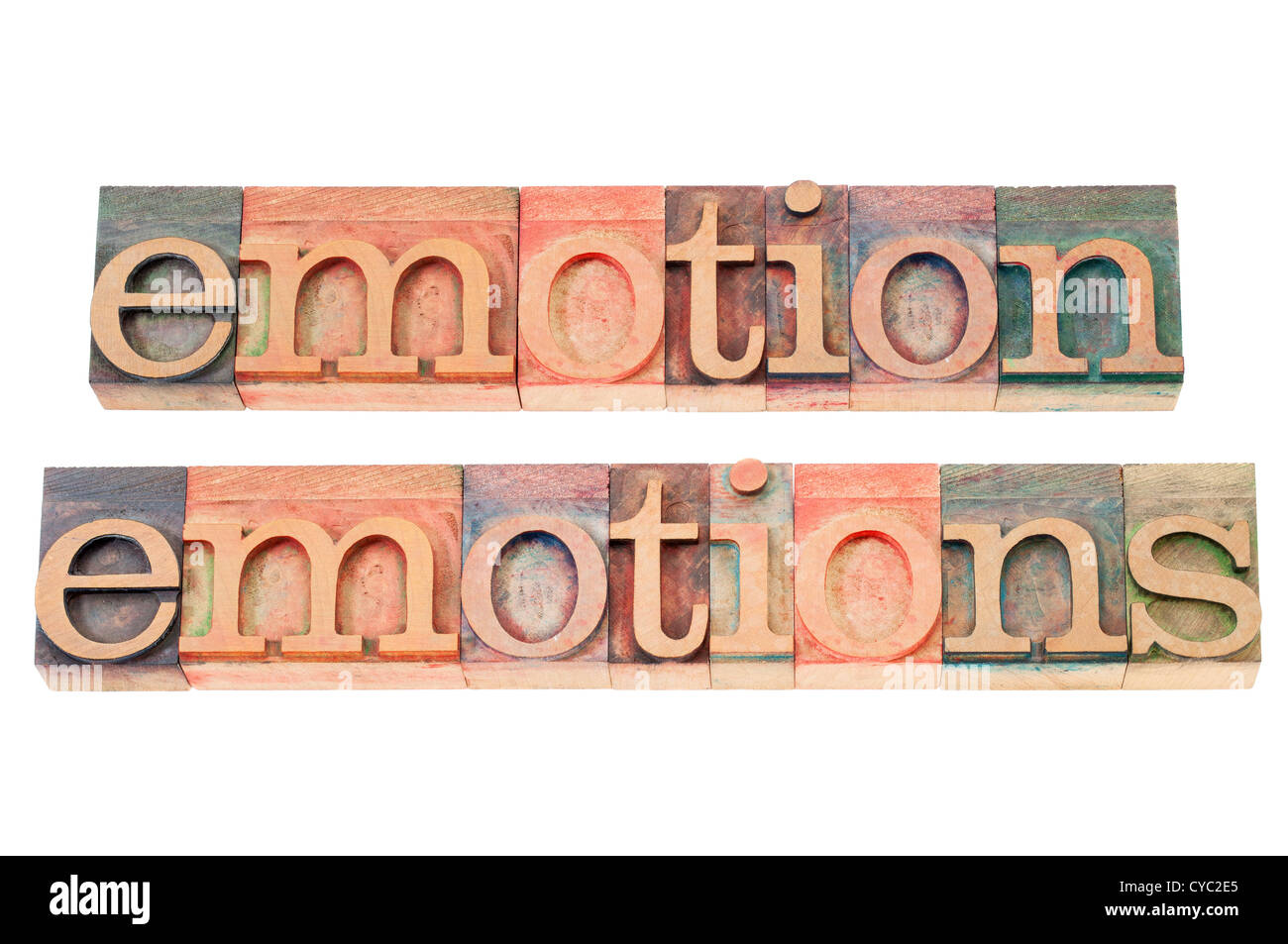 emotion and emotions words - isolated text in vintage letterpress wood ...