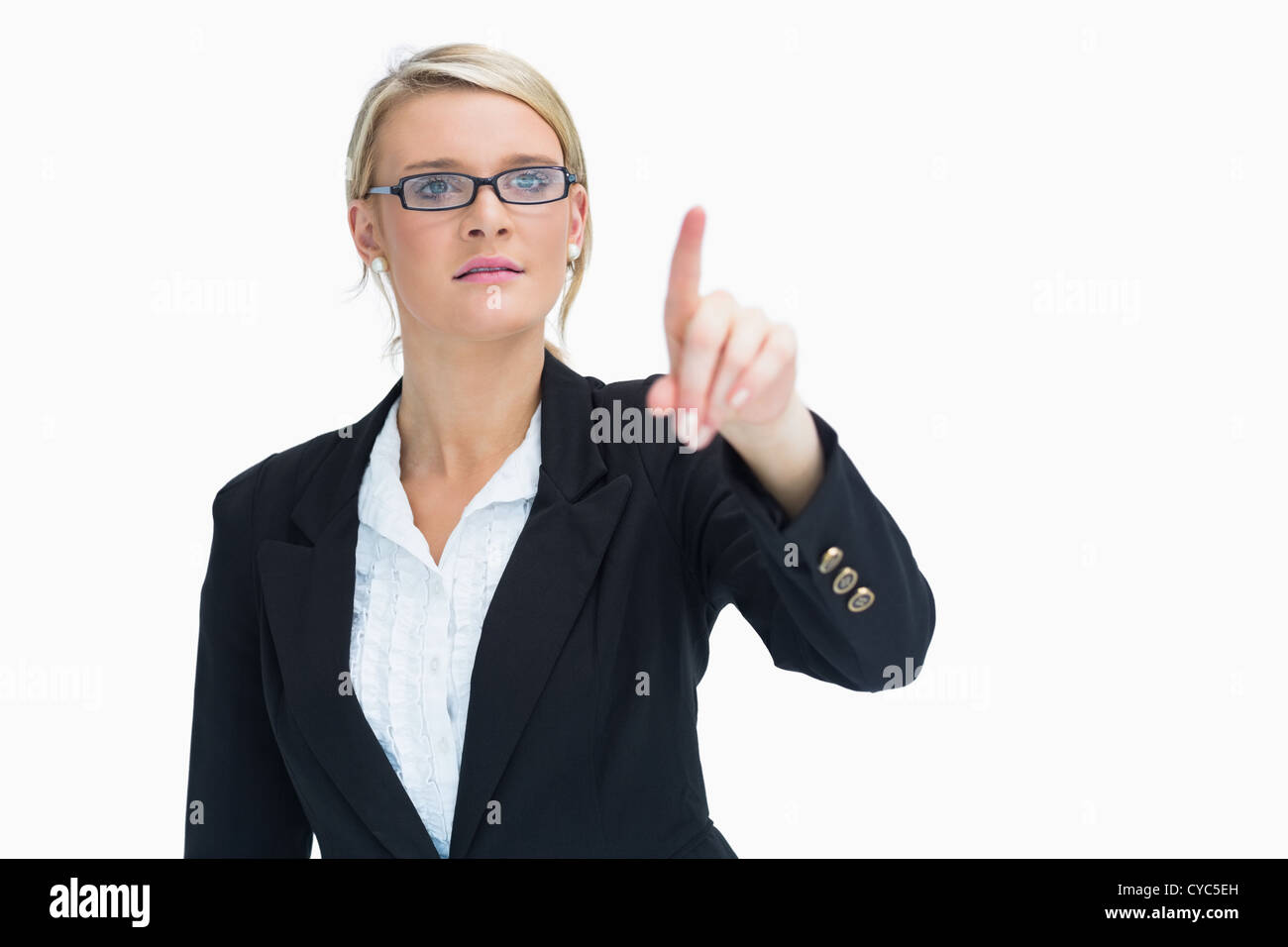 Blonde pointing at something Stock Photo - Alamy