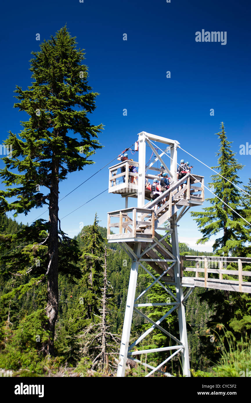 People on platform preparing to go on zipline at Grouse Mountain Resort ...