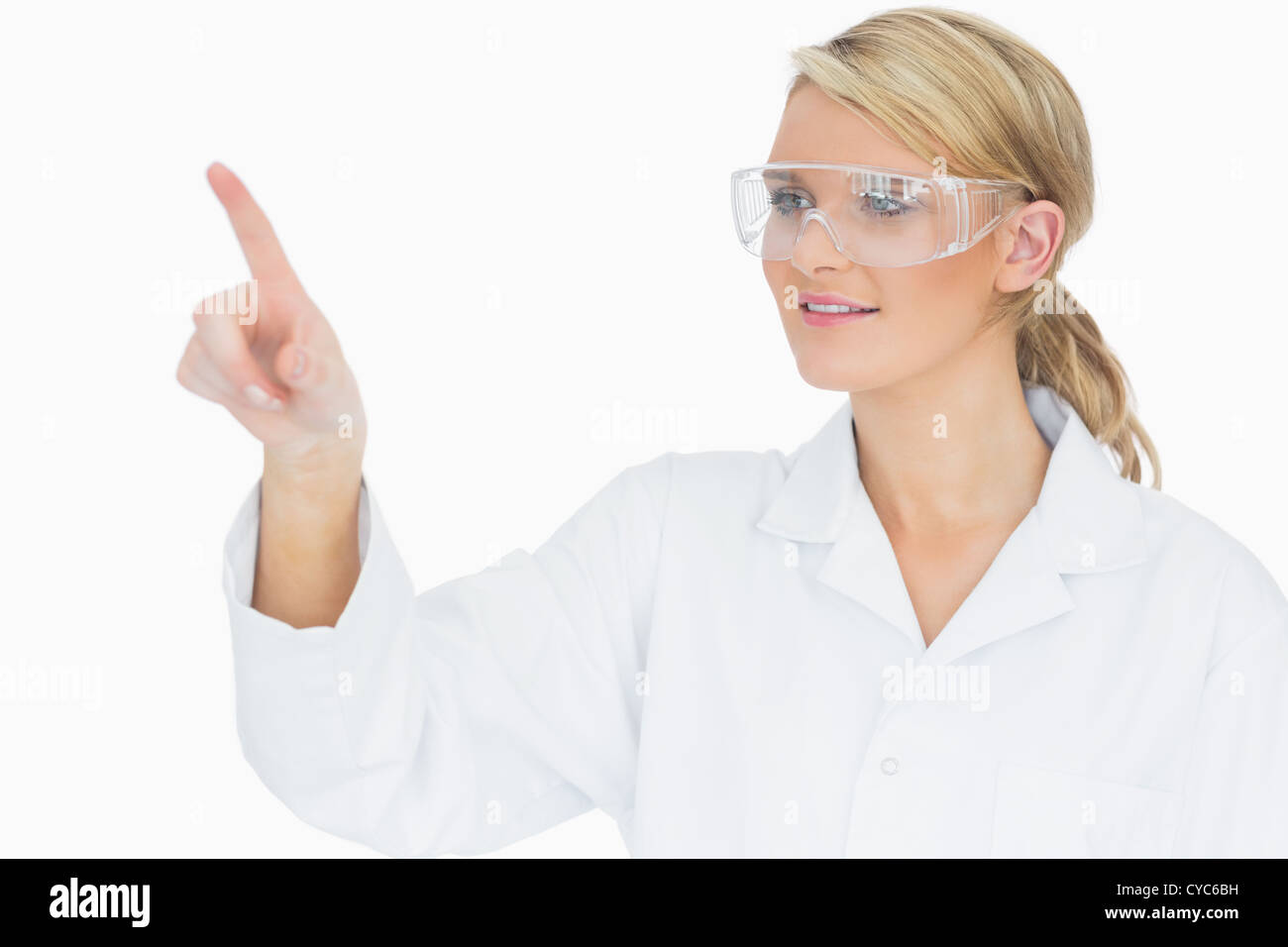 Blonde pointing out something Stock Photo - Alamy