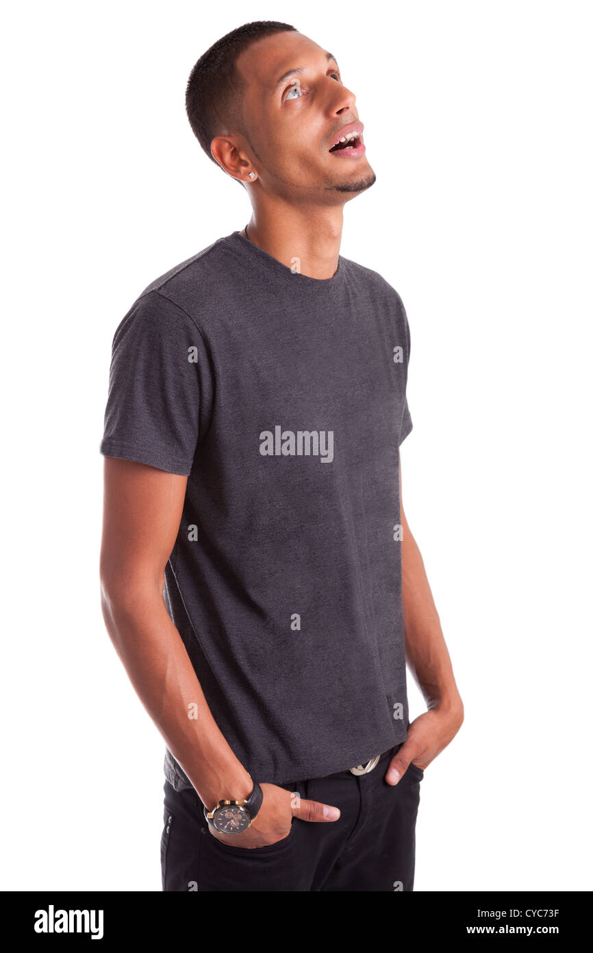 Close up portrait of a young african american man looking up, isolated ...