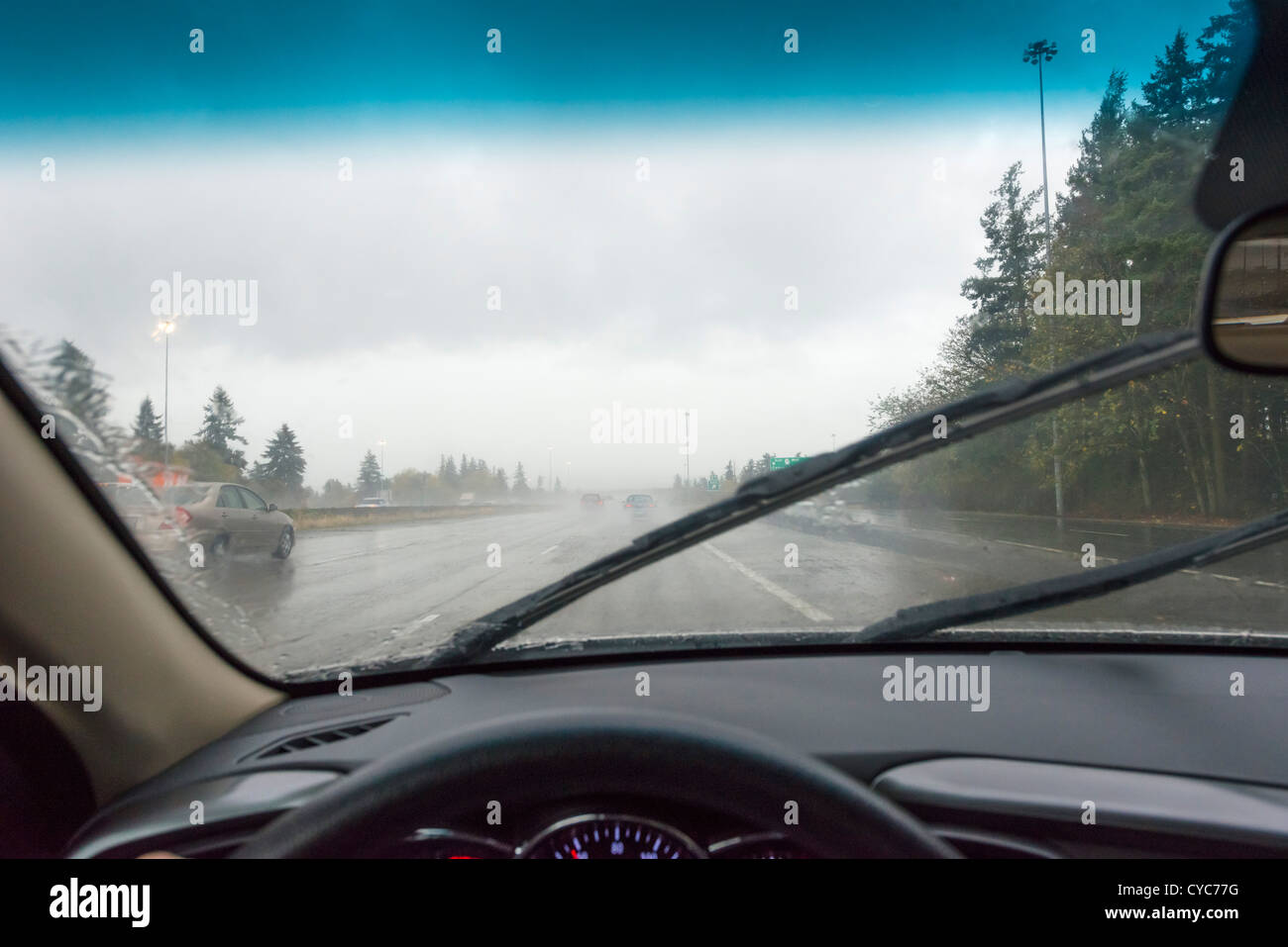 Driving on an interstate in torrential rain, Washington, USA Stock ...