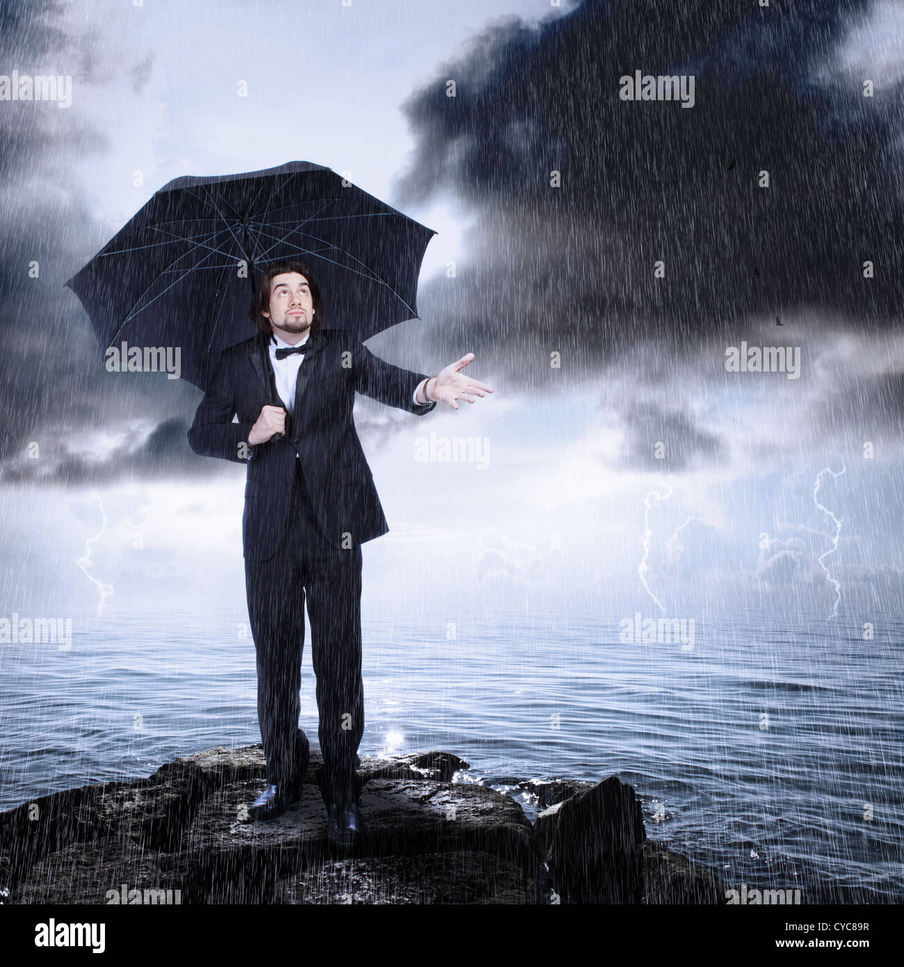 Stylish Man with Umbrella Checking for Rain (storm clearing or coming ...