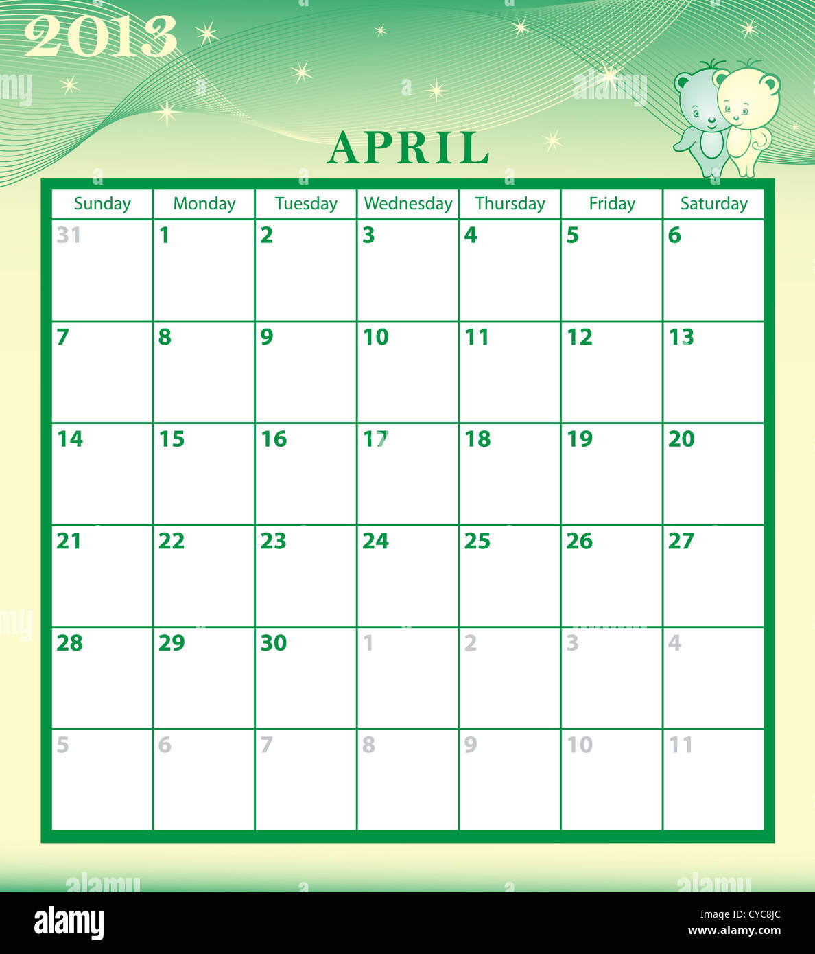 Calendar 2013 April month with large date boxes. Cartoon characters and ...