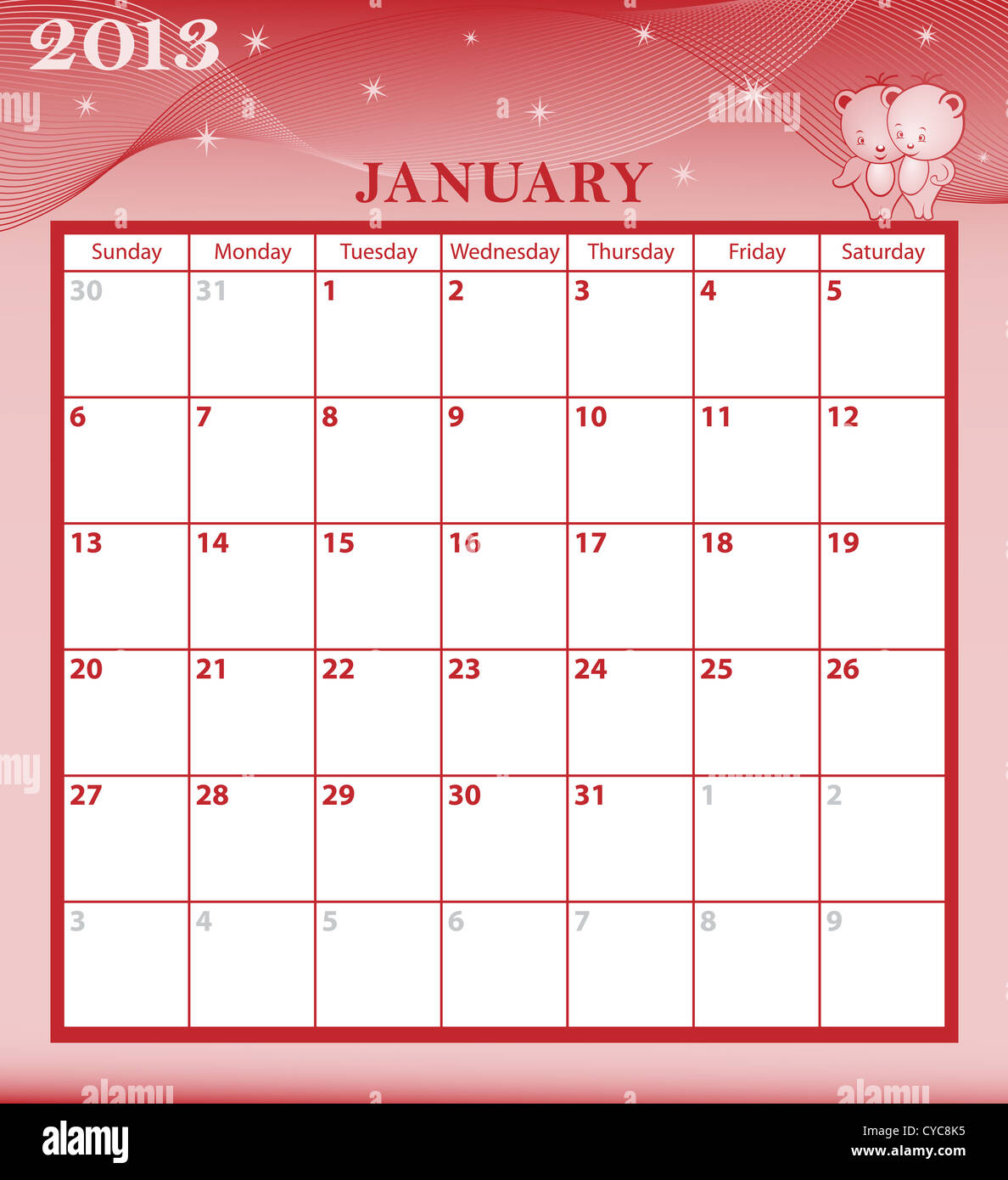 Calendar 2013 January month with large date boxes. Cartoon characters ...