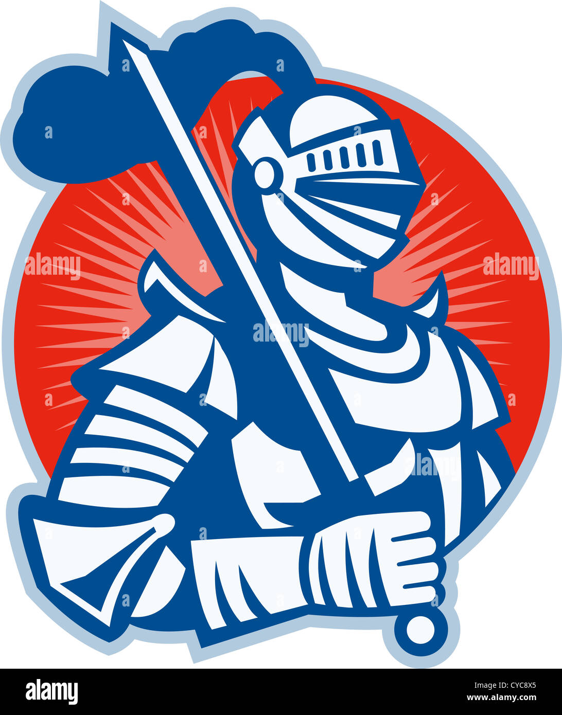 Illustration of knight in full armor with sword set inside circle done ...