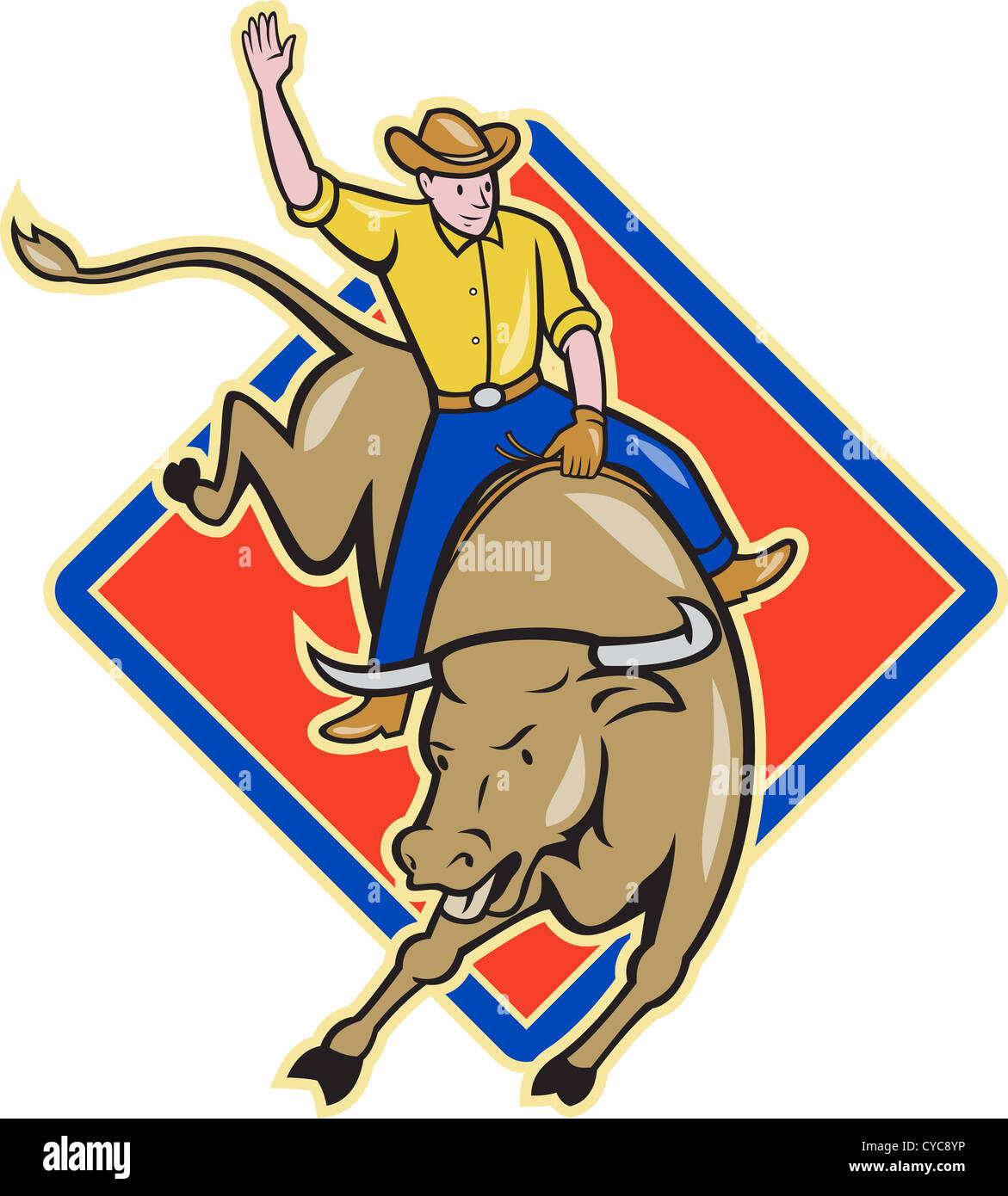 Illustration of rodeo cowboy riding bucking bull on isolated white ...