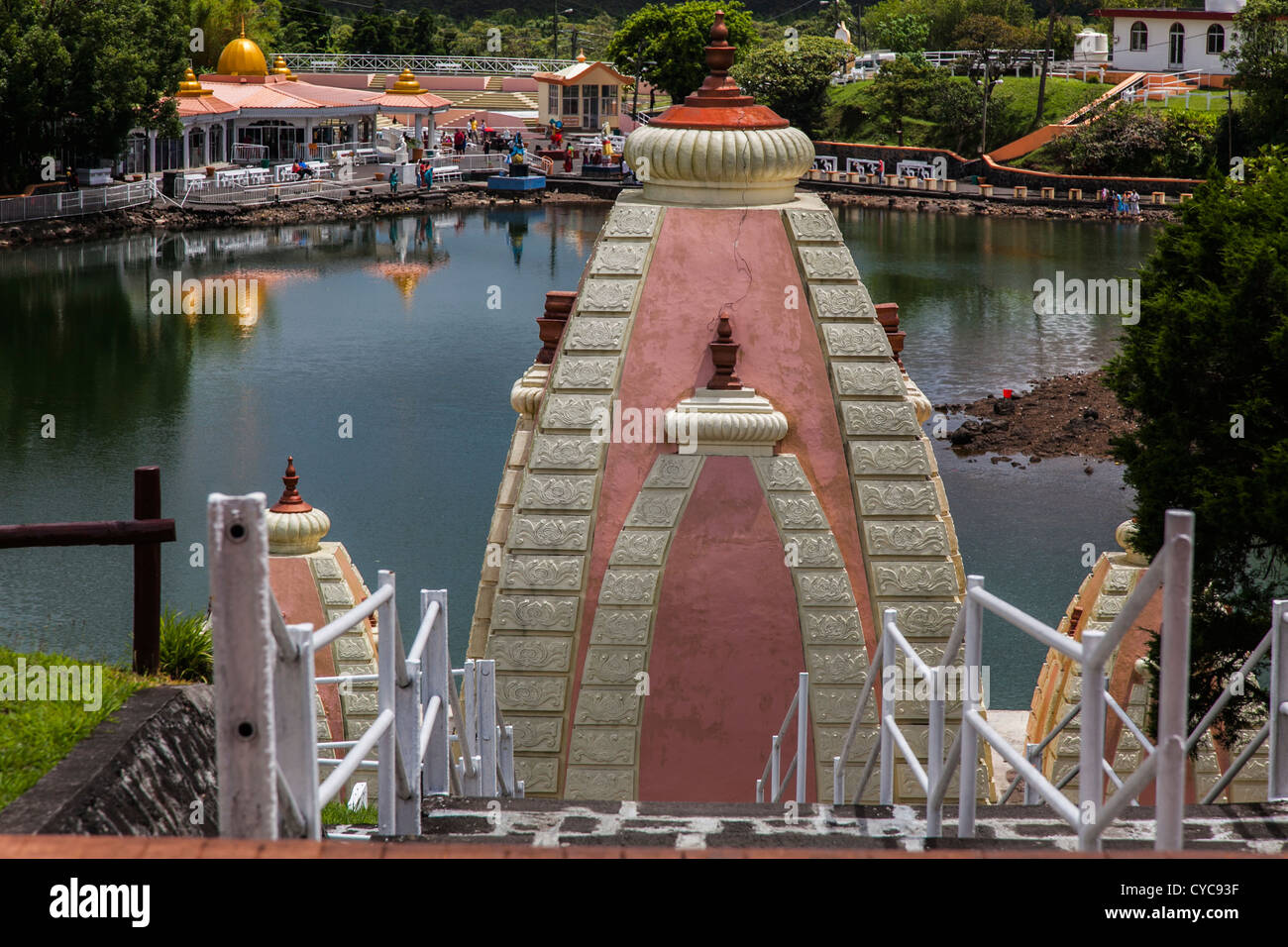 view of temple overlooking the sacred lake Grand Bassin, Mauritius ...