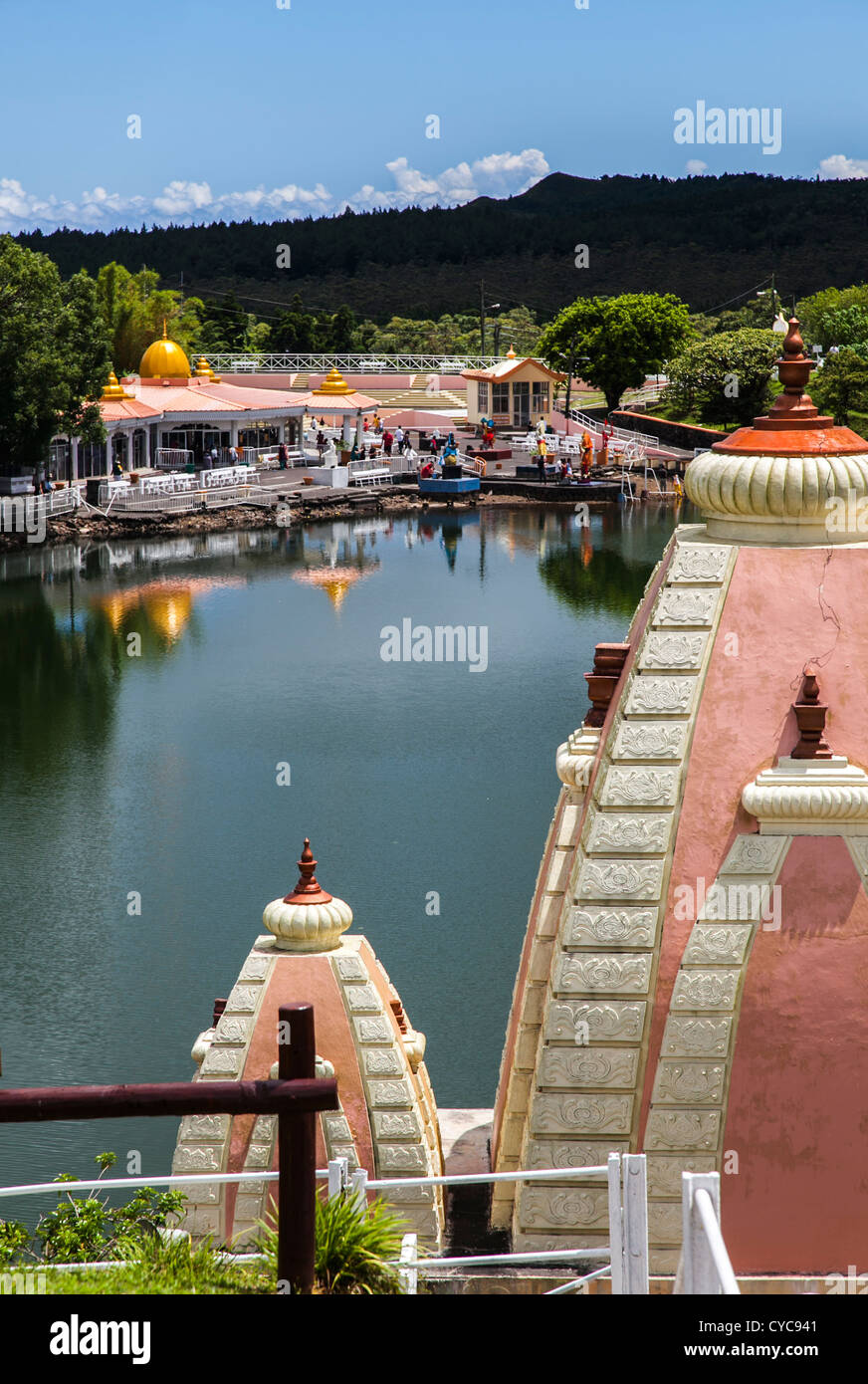 Vertical view of temple overlooking the sacred lake Grand Bassin ...