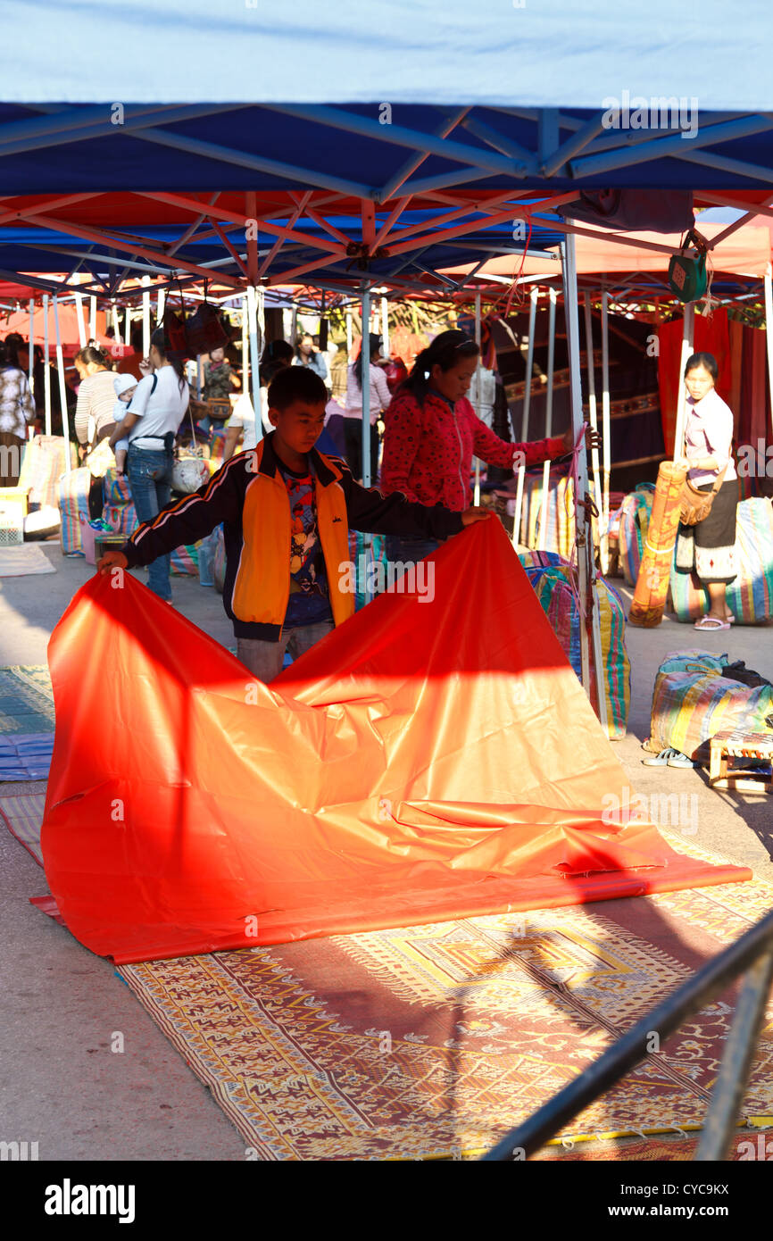 Setup of a Stall on a Street Market in Luang Prabang, Laos Stock Photo ...