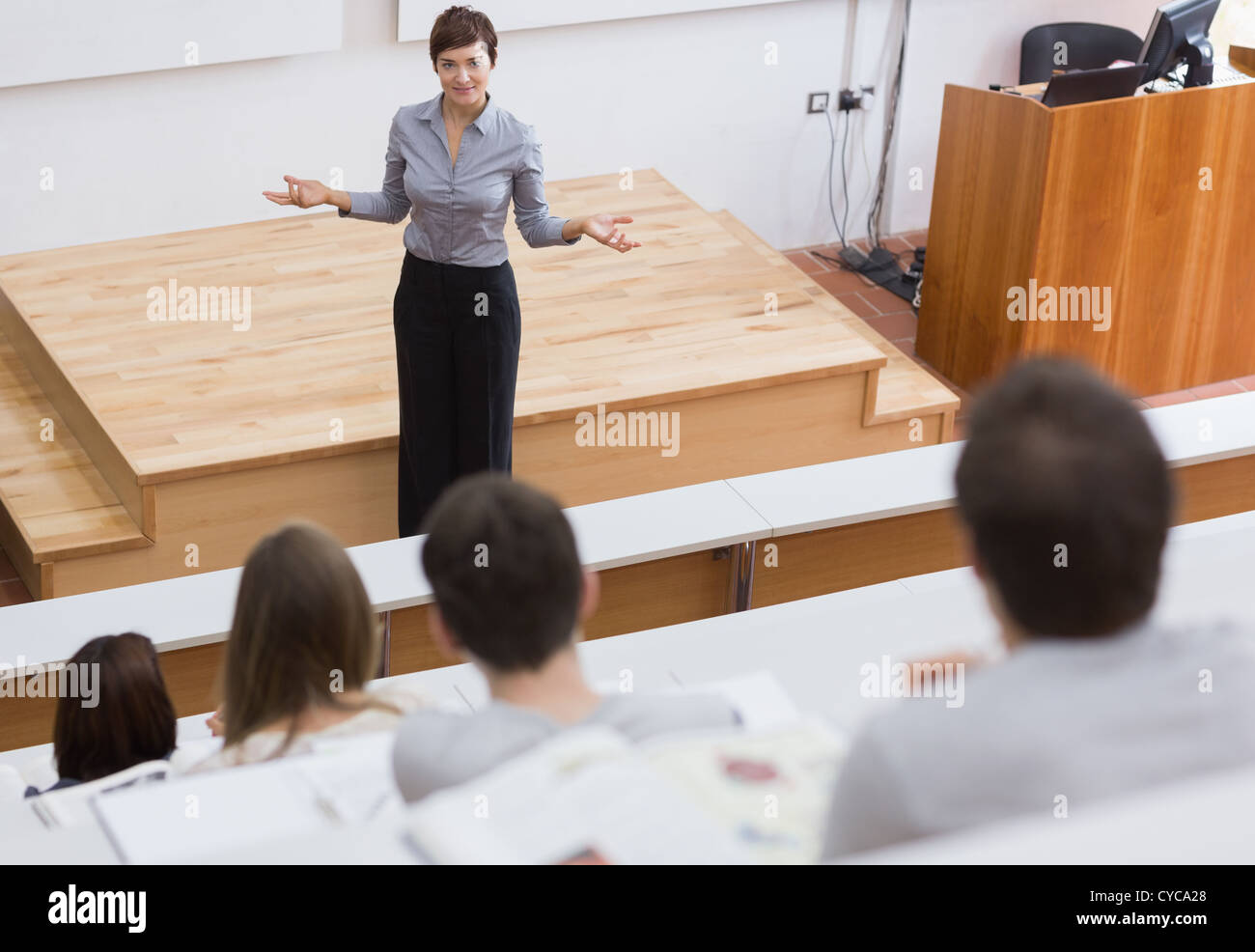 Teacher standing talking to the students Stock Photo - Alamy