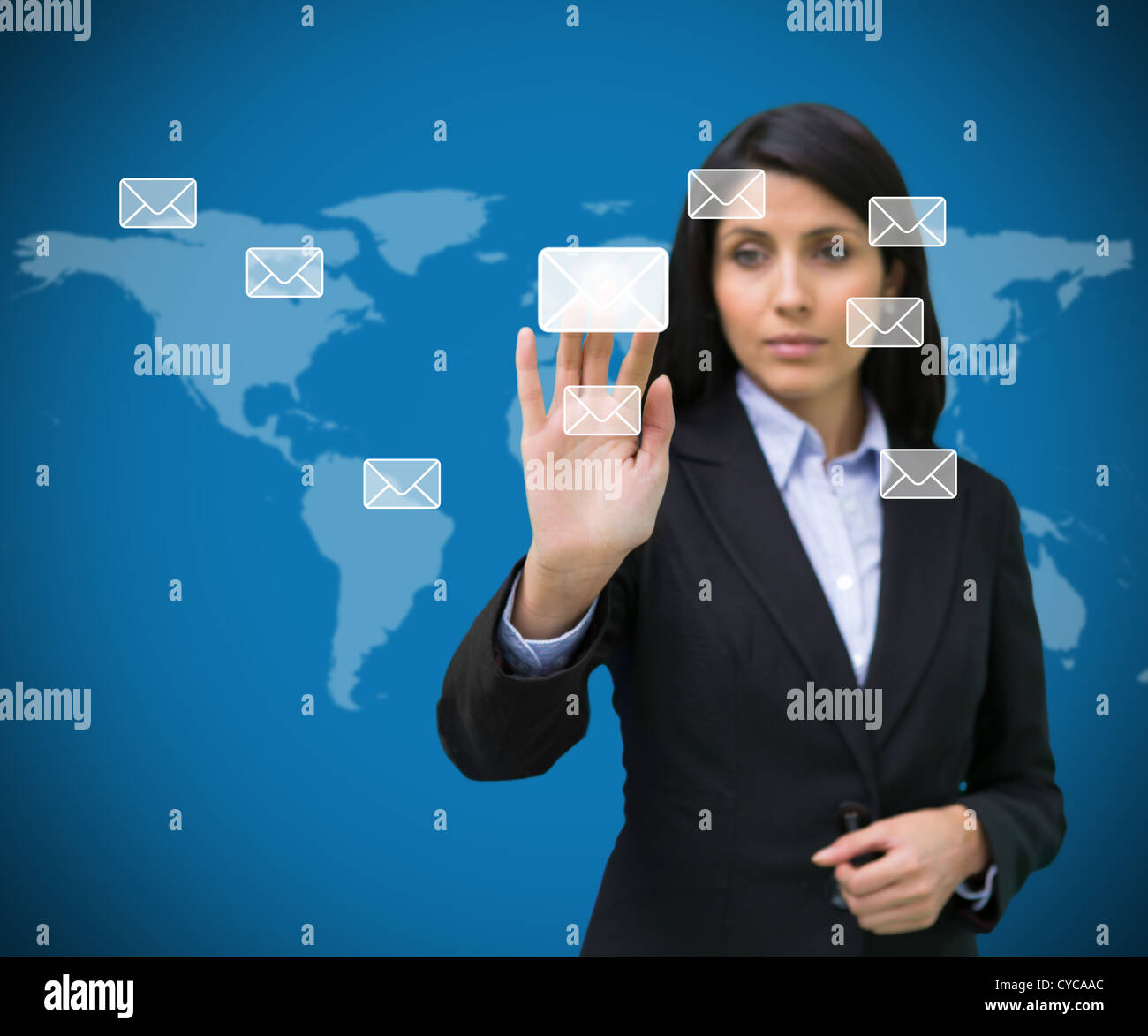 Businesswoman selecting email symbol from many Stock Photo - Alamy