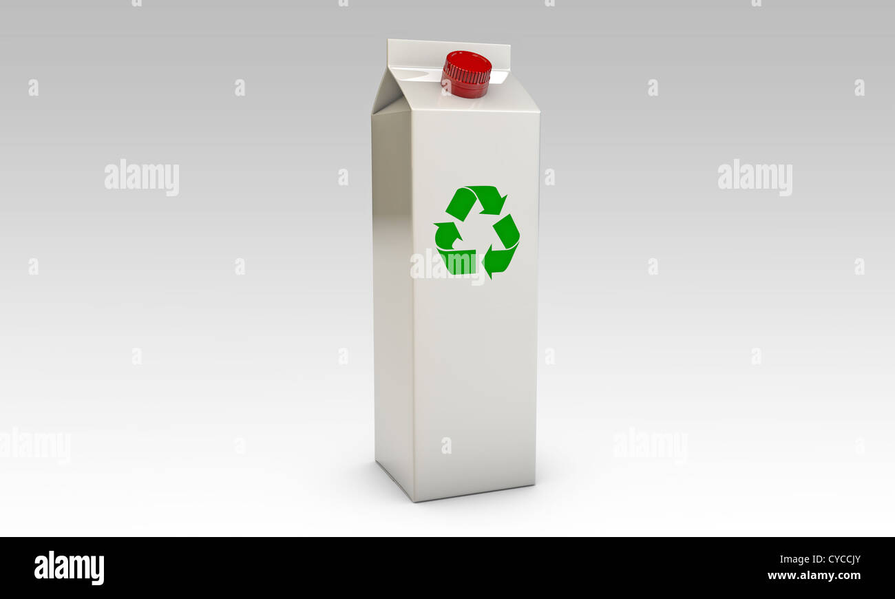 milk packages with red cap and recycle symbol isolated on black ...