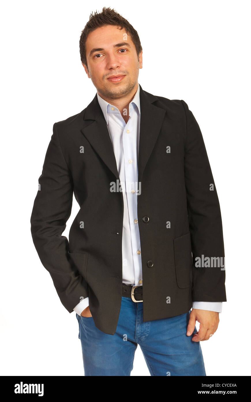 Handsome business man standing with hand in pants pocket isolated on ...