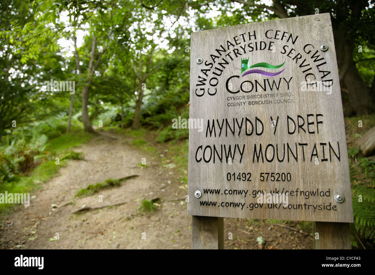 Sign on public footpath leading to Conwy Mountain, North Wales Stock ...