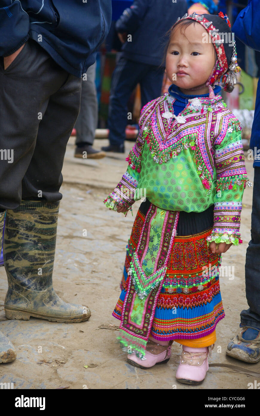 Vietnam, Bac Ha Market, Flower Hmong child in traditional dress Stock ...
