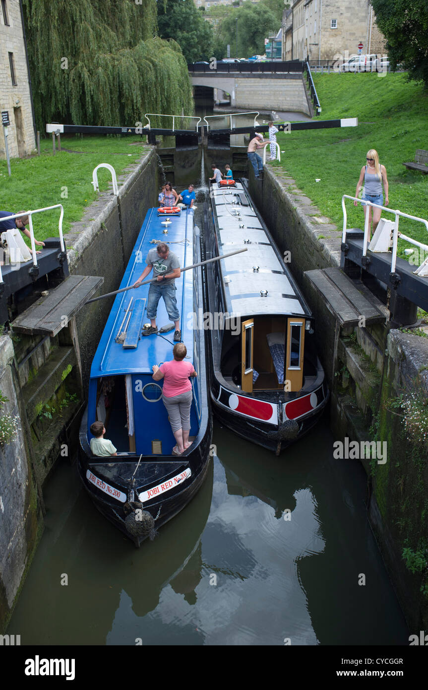 Two Canal Boats Stuck in Lock at Bath Stock Photo - Alamy