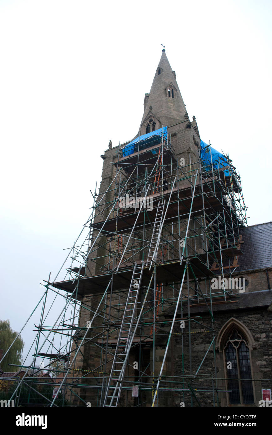 Tower covered scaffolding building work at Church of St. Mary and All ...