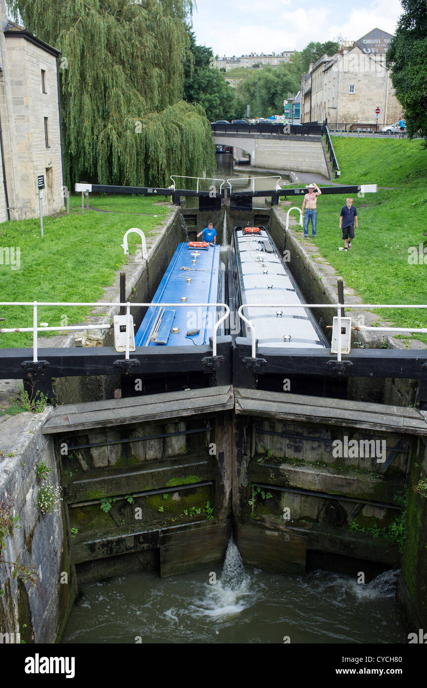 Two Canal Boats in Lock at Bath Stock Photo - Alamy