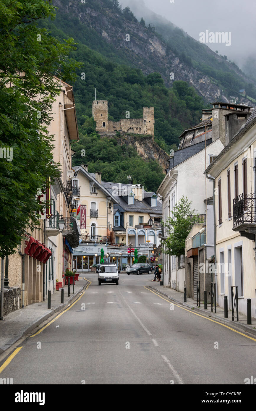 View of small town Luz-Saint-Sauveur with ruins of castle of St. Mary ...