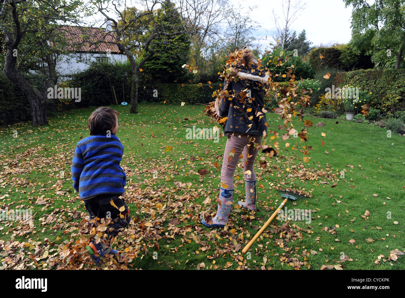 Children having a leaf fight in the garden in north yorkshire Stock ...