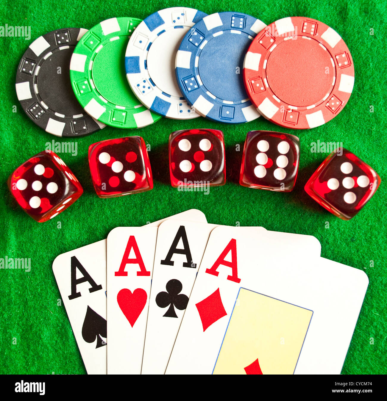 Set of gambling objects - poker chips - cards - dices Stock Photo - Alamy