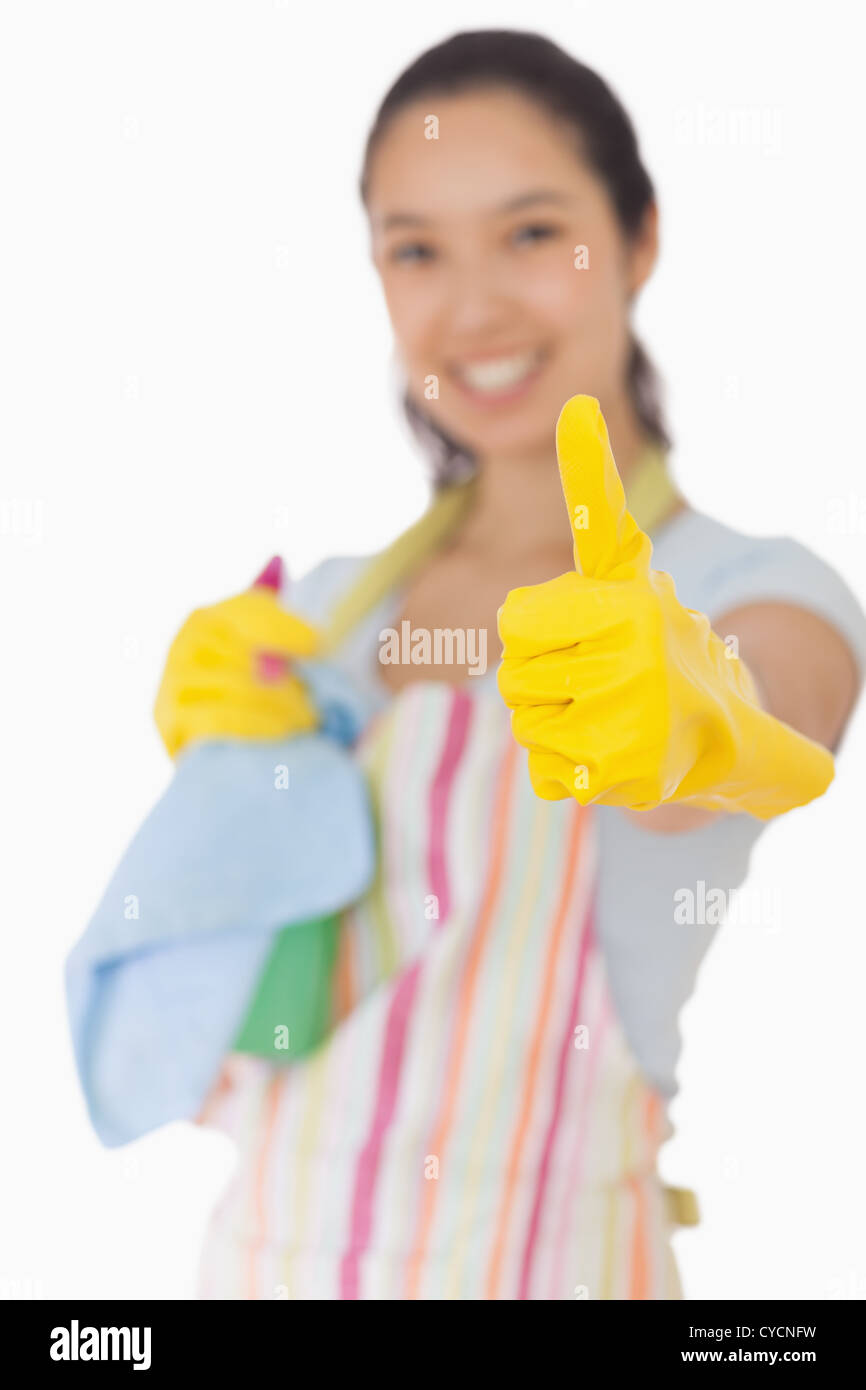 Cleaning woman giving thumbs up Stock Photo - Alamy