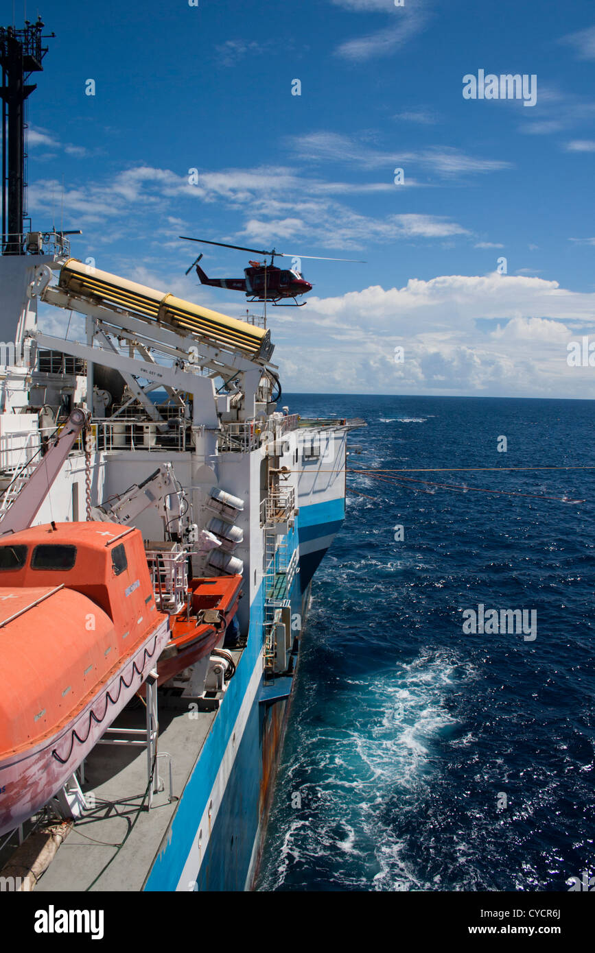 Helicopter departure from the offshore seismic vessel CGG Alizé. Vessel ...