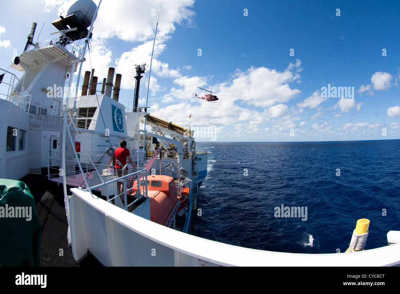 Helicopter departure from the offshore seismic vessel CGG Alizé. Vessel ...