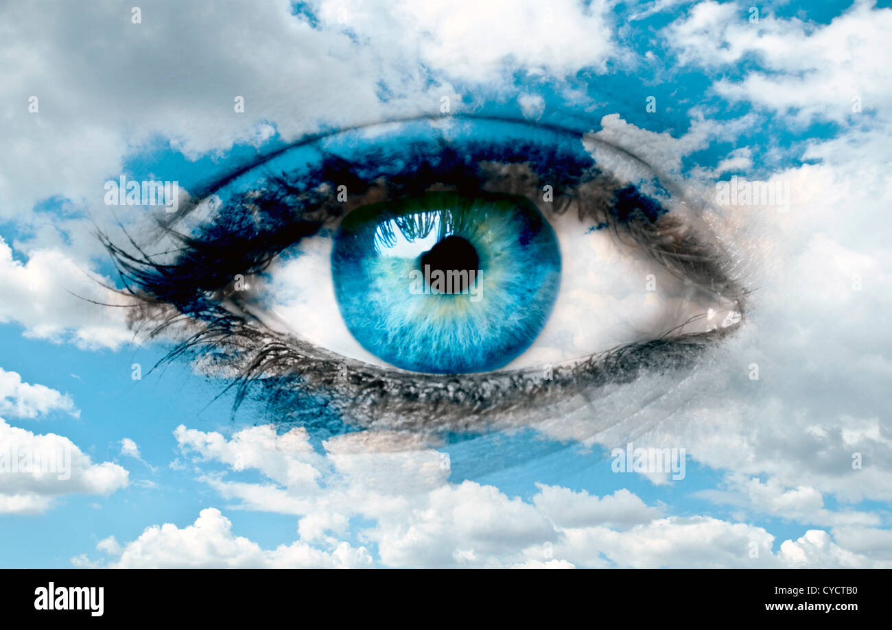 Blue eye and blue sky - Spiritual concept Stock Photo - Alamy