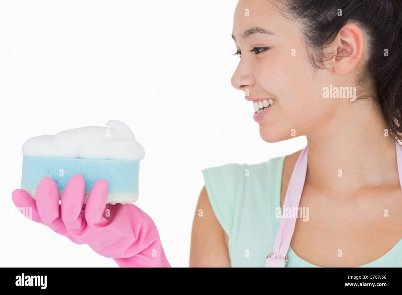 Happy young woman sponge hi-res stock photography and images - Alamy