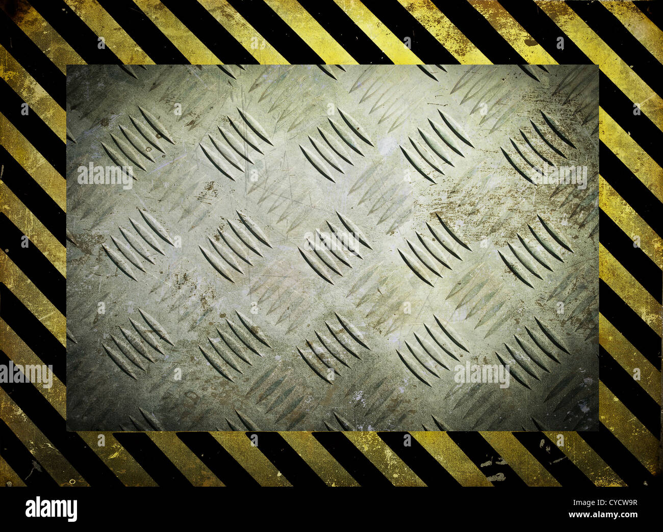 Diamond metal template with yellow warning stripes background Stock ...