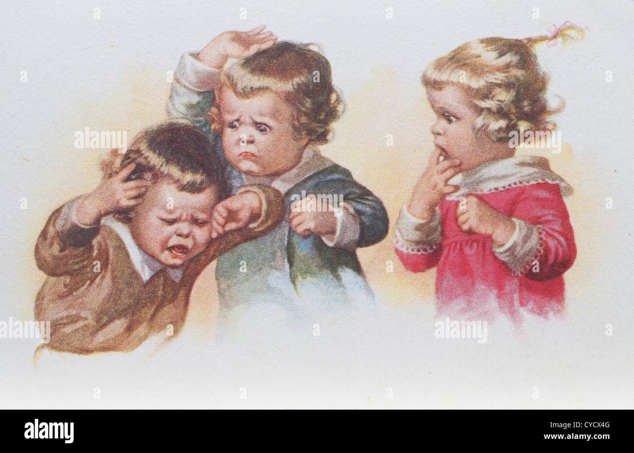 three kid in an old postcard Stock Photo - Alamy