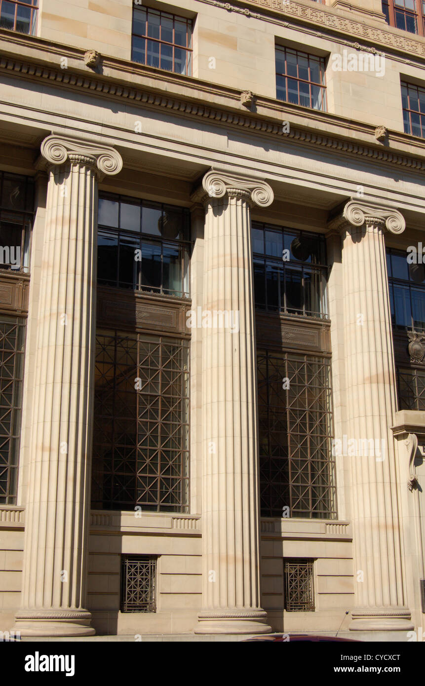Columns on sandstone city centre building in Glasgow, Scotland Stock ...