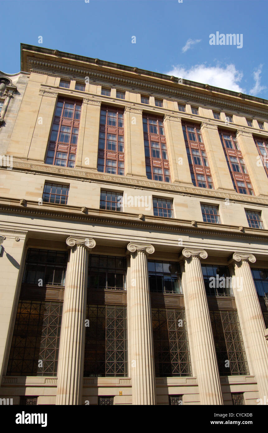 Columns on the facade of sandstone city centre building in Glasgow ...