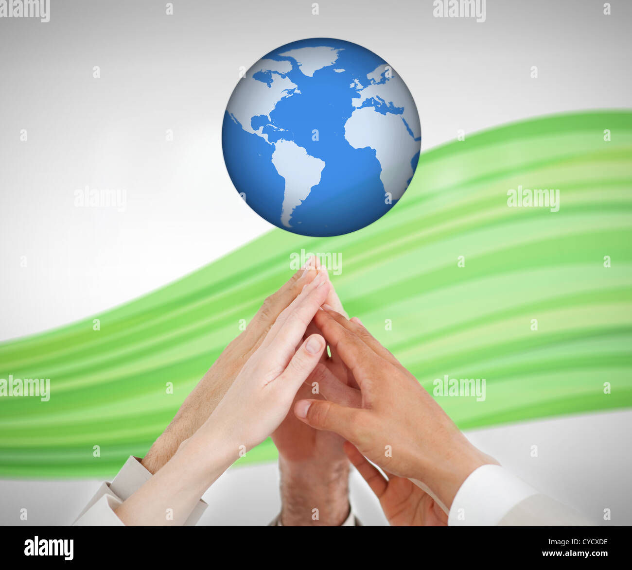 People reaching hands to globe Stock Photo - Alamy