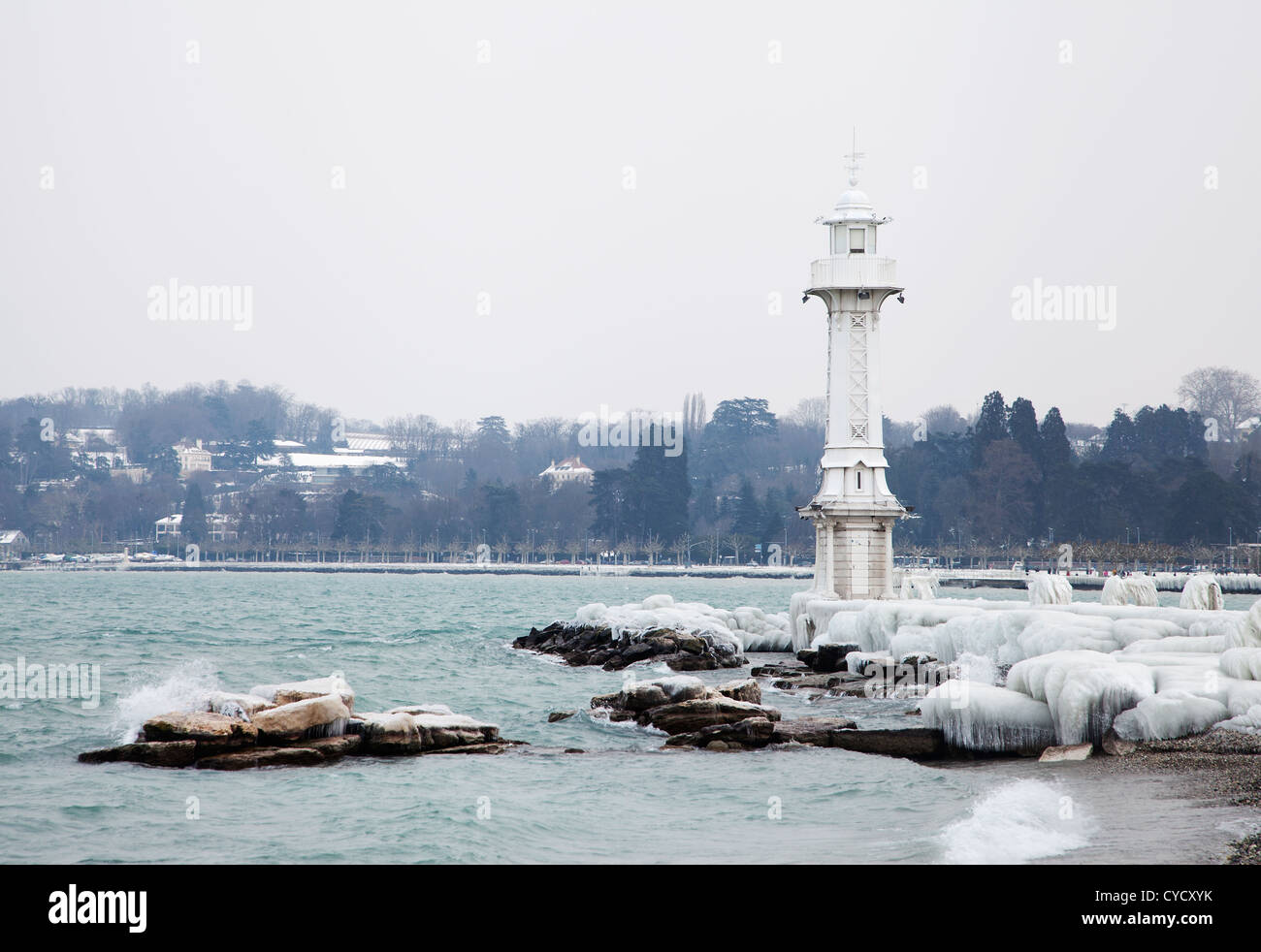 Frozen Geneva lighthouse Stock Photo - Alamy