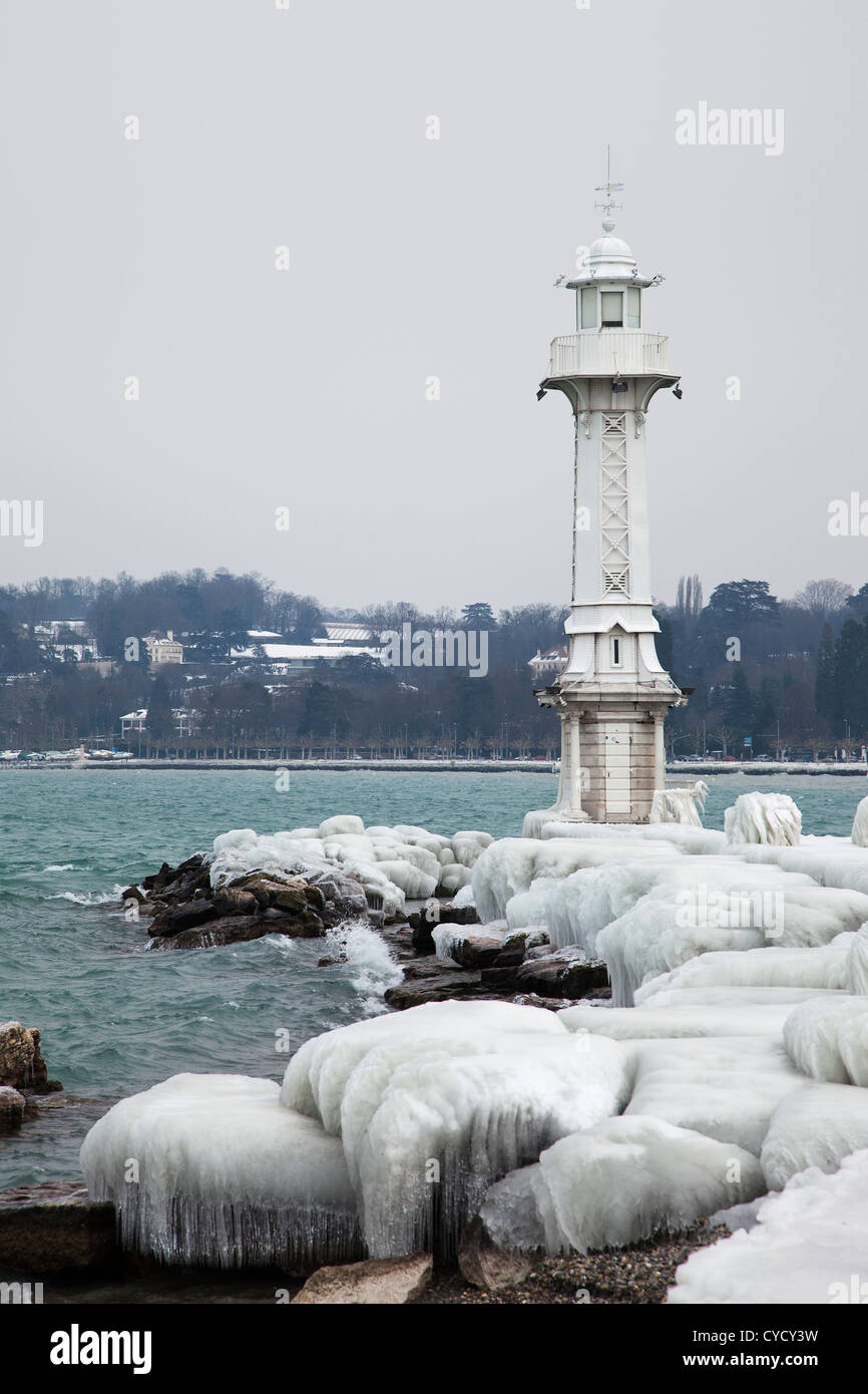 Frozen Geneva lighthouse Stock Photo - Alamy
