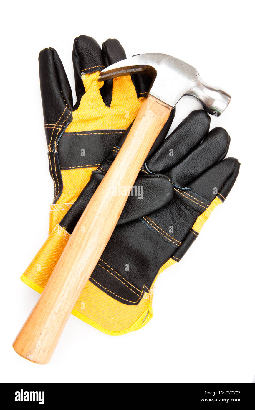 Hammer with pair of protective gloves Stock Photo - Alamy
