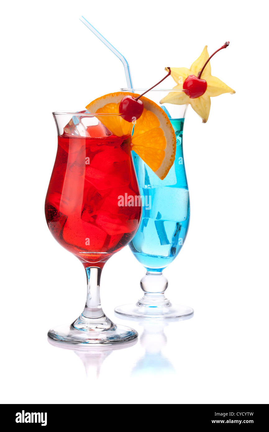 Two tropical cocktails: red and blue. Isolated on white background ...