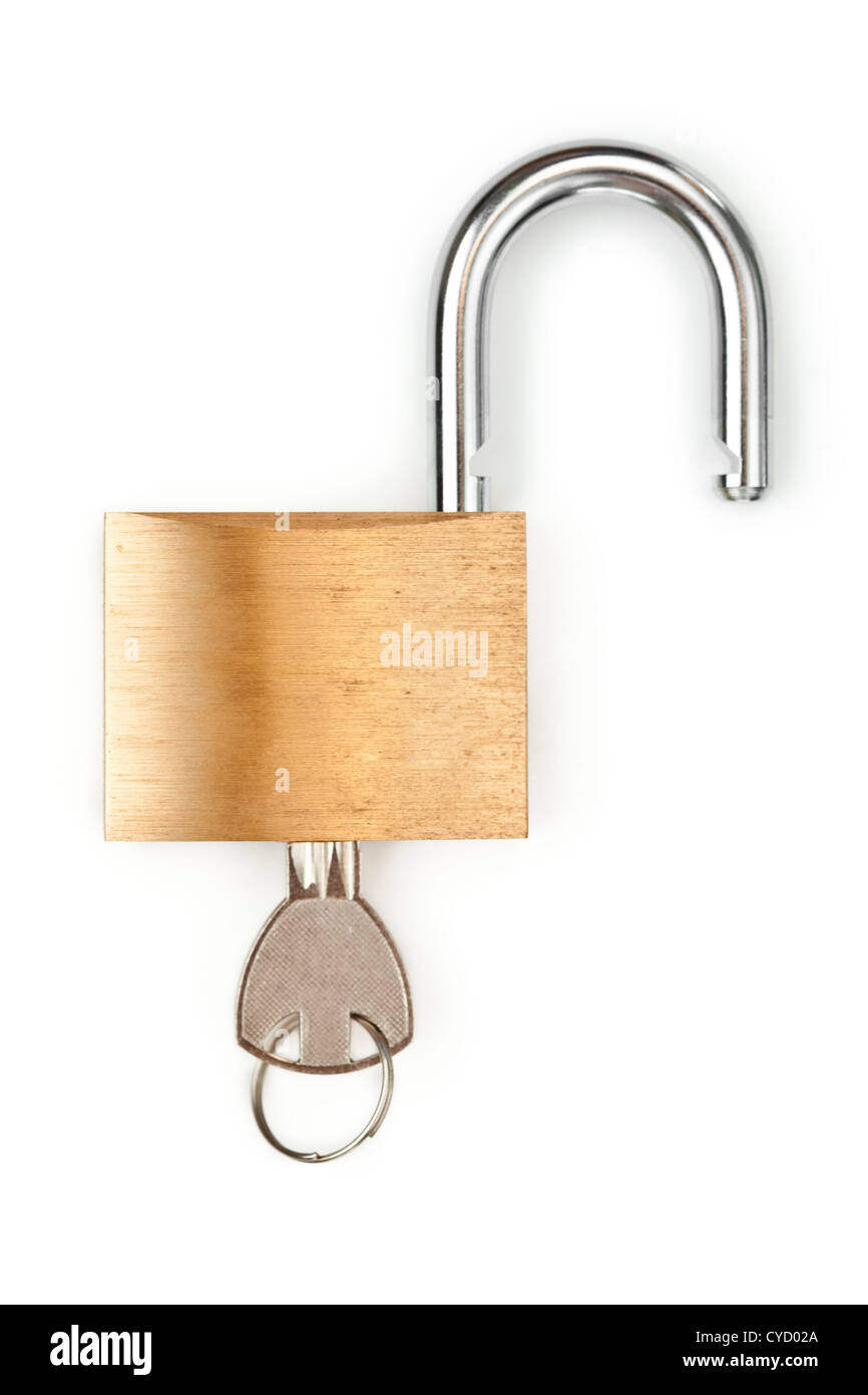 Unlocked padlock with key in it Stock Photo - Alamy