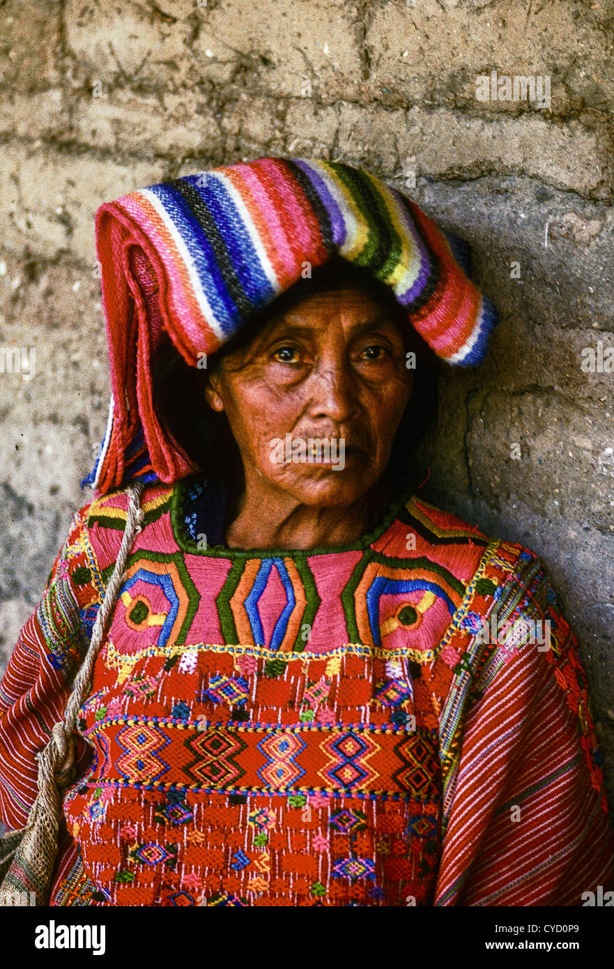 Guatemalan Mam woman in traditional clothing of handwoven huipil and ...
