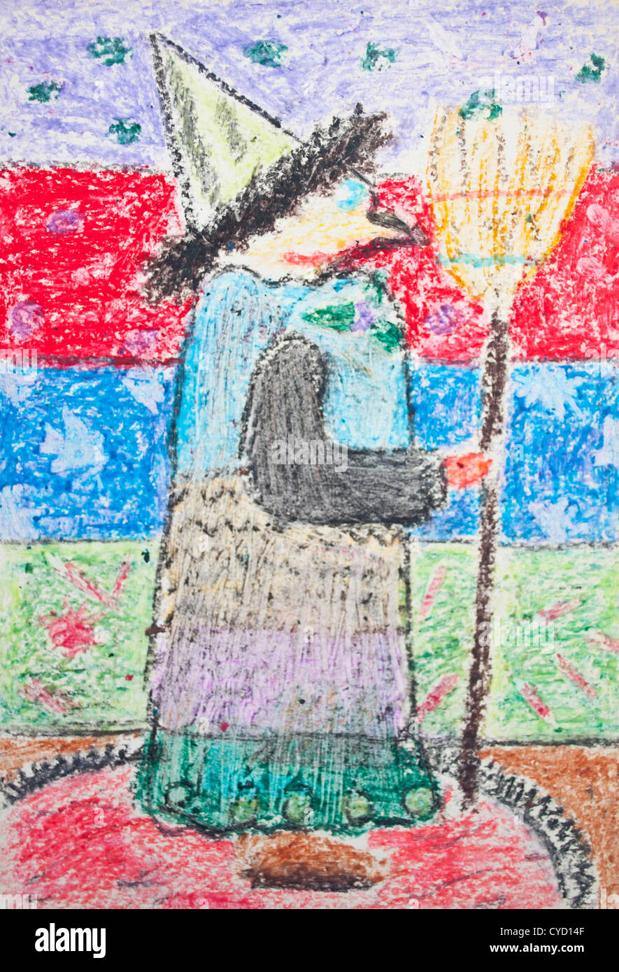 Kid's drawing of witch with broom Stock Photo - Alamy