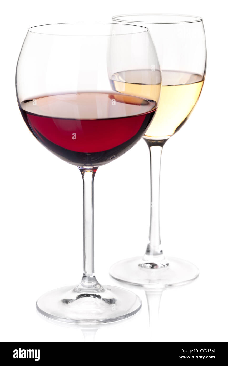 Wine collection - Red and white wine in glasses. Closeup. Isolated on ...