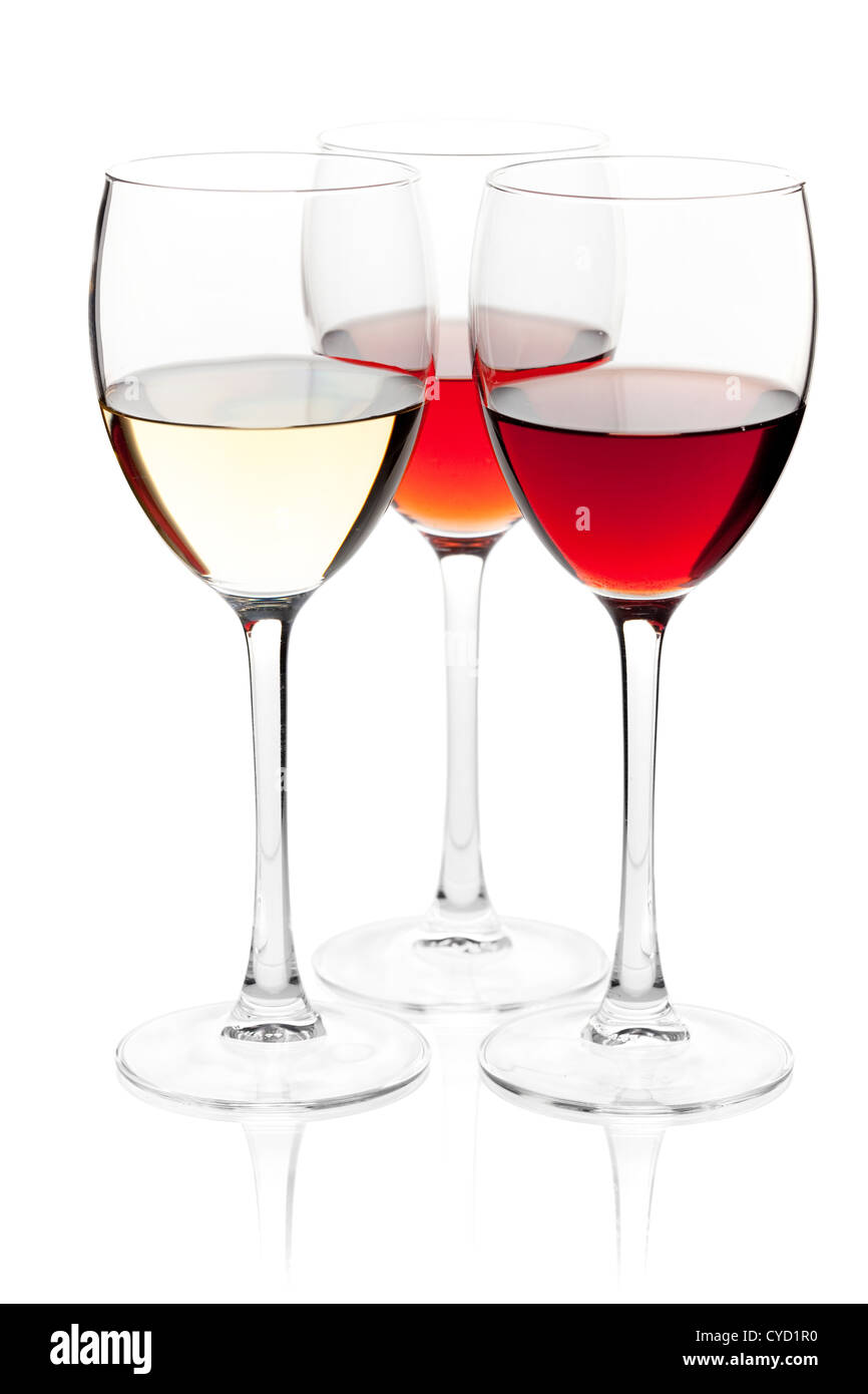 Wine collection - White, Rose and Red wine. Isolated on white ...