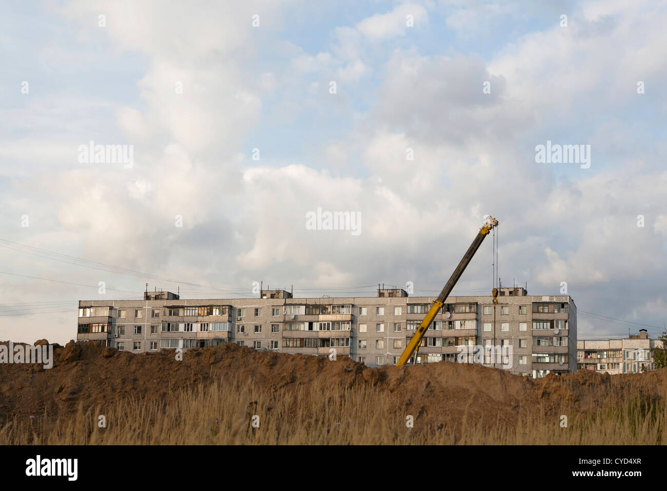 urban landscape. River reeds and a reflection of a high-rise building ...
