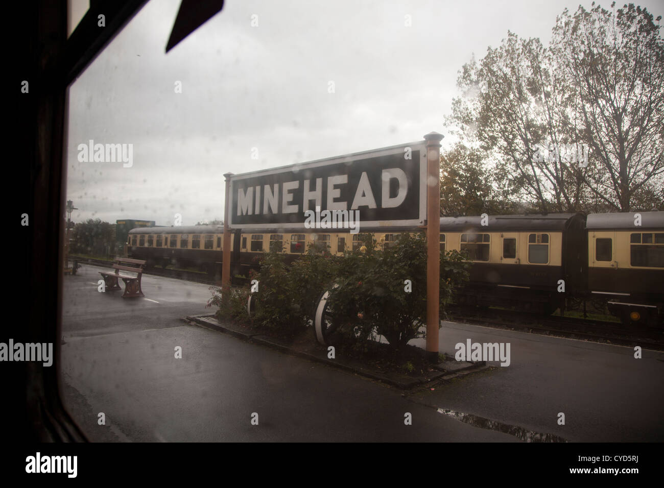 Minehead platform sign through a rainy window Stock Photo - Alamy