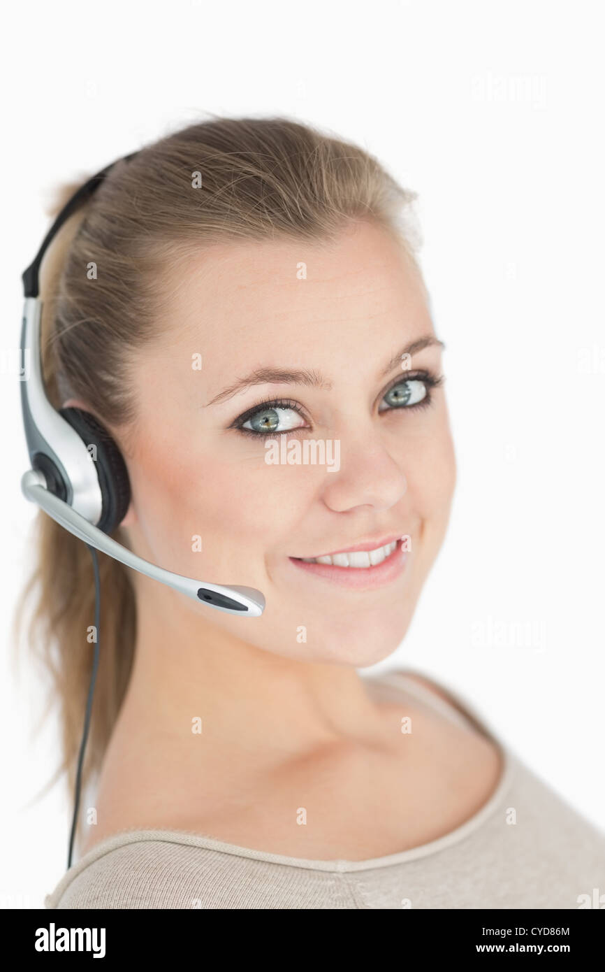 Woman with a headset Stock Photo - Alamy